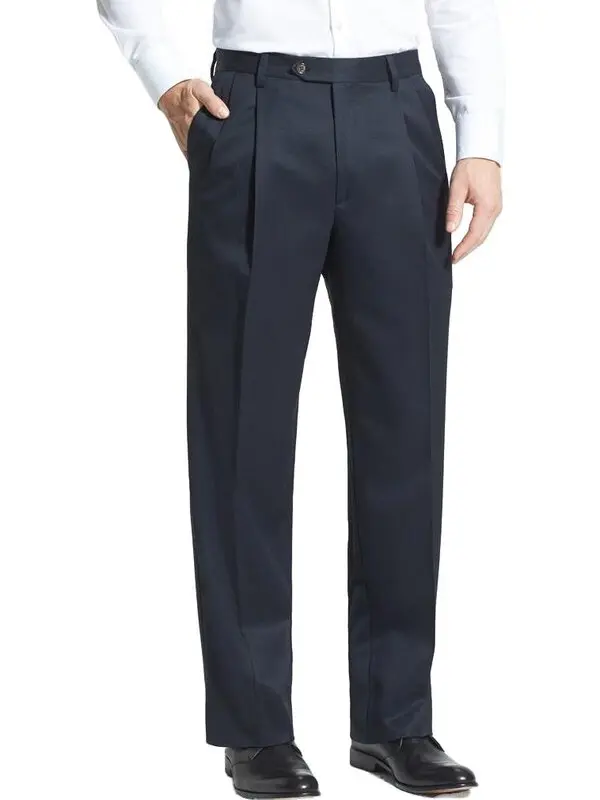 Berle Pleated Classic Fit Wool Gabardine Trousers - Navy