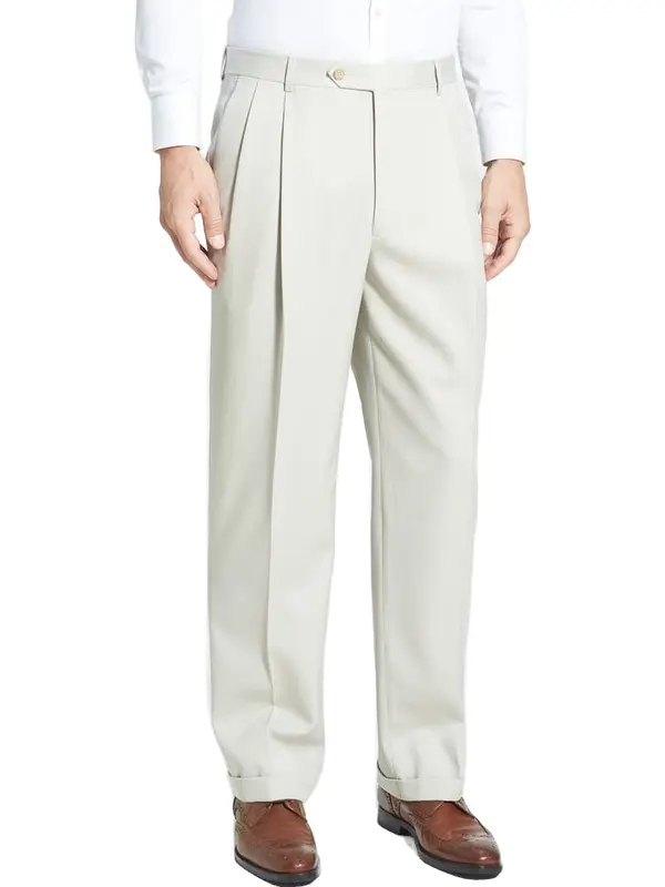 Berle Pleated Classic Fit Wool Gabardine Trousers - Stone