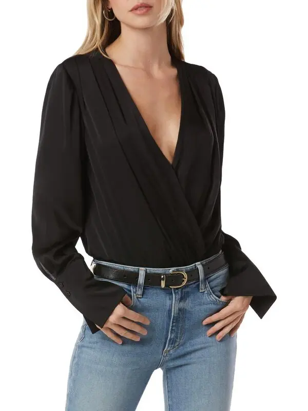 FAVORITE DAUGHTER Surplice Long Sleeve Bodysuit - Black