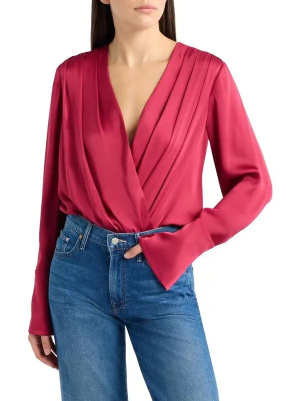 FAVORITE DAUGHTER Surplice Long Sleeve Bodysuit - Raspberry