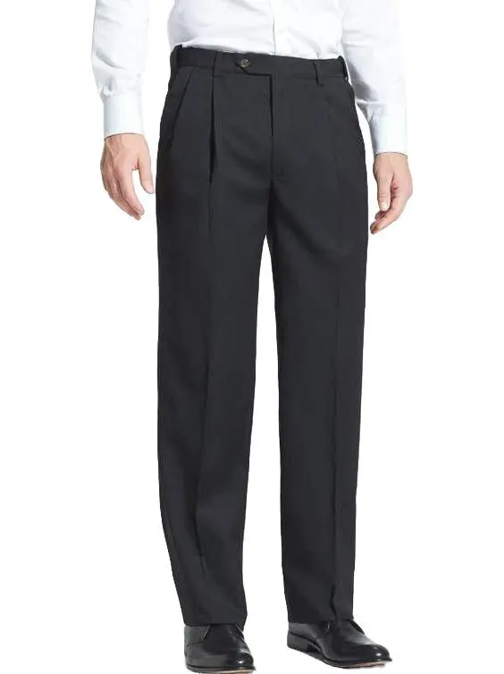 Berle Self Sizer Waist Pleated Classic Fit Wool Gabardine Dress Trousers - Charcoal