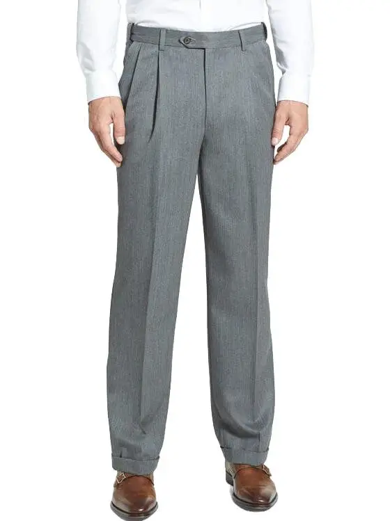 Berle Self Sizer Waist Pleated Classic Fit Wool Gabardine Dress Trousers - Medium Grey