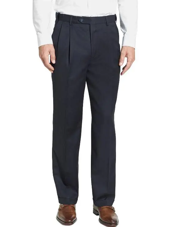Berle Self Sizer Waist Pleated Classic Fit Wool Gabardine Dress Trousers - Navy