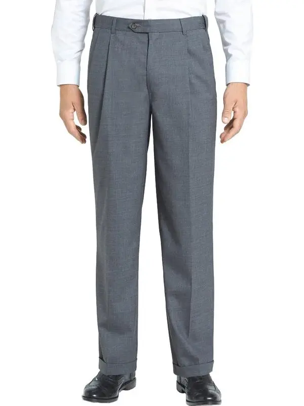 Berle Self Sizer Waist Pleated Lightweight Plain Weave Classic Fit Trousers - Medium Grey
