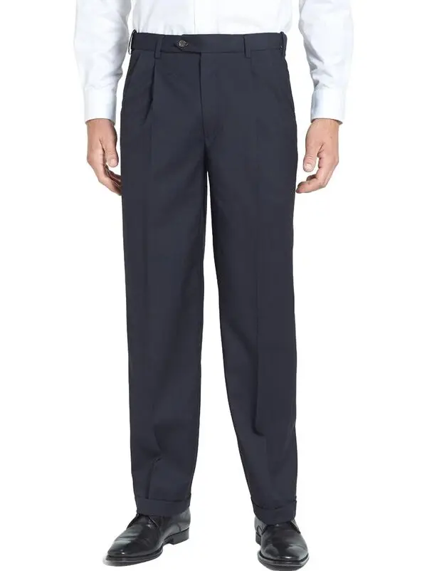 Berle Self Sizer Waist Pleated Lightweight Plain Weave Classic Fit Trousers - Navy