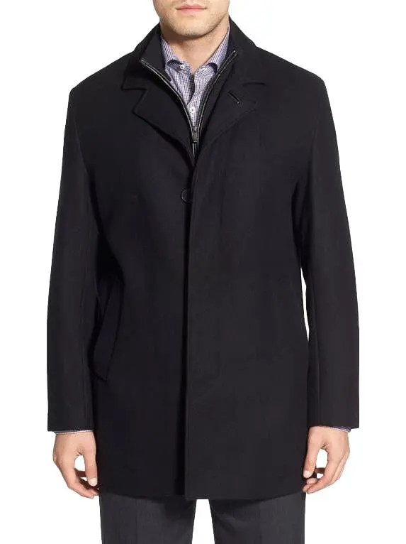 Cole Haan Wool-blend Topcoat With Inset Knit Bib - Black