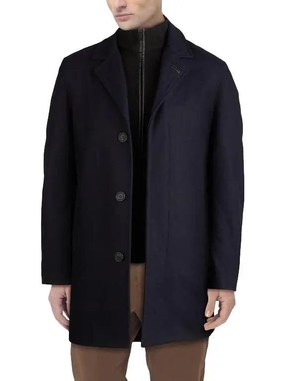Cole Haan Wool-blend Topcoat With Inset Knit Bib - Navy