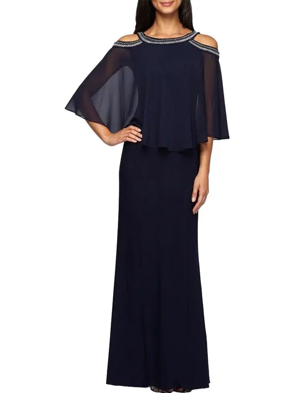 Alex Evenings Embellished Cold Shoulder Gown - Navy