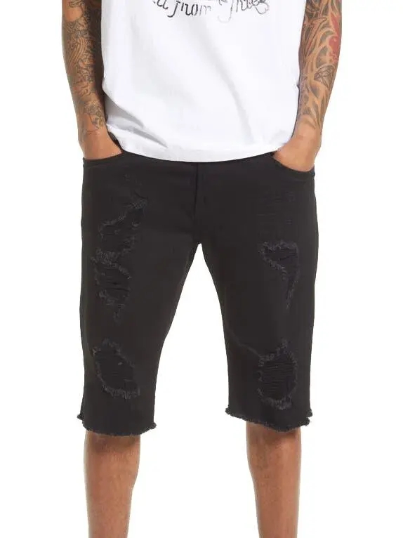 CULT OF INDIVIDUALITY Slim Fit Ripped Denim Shorts - 10 Year Black
