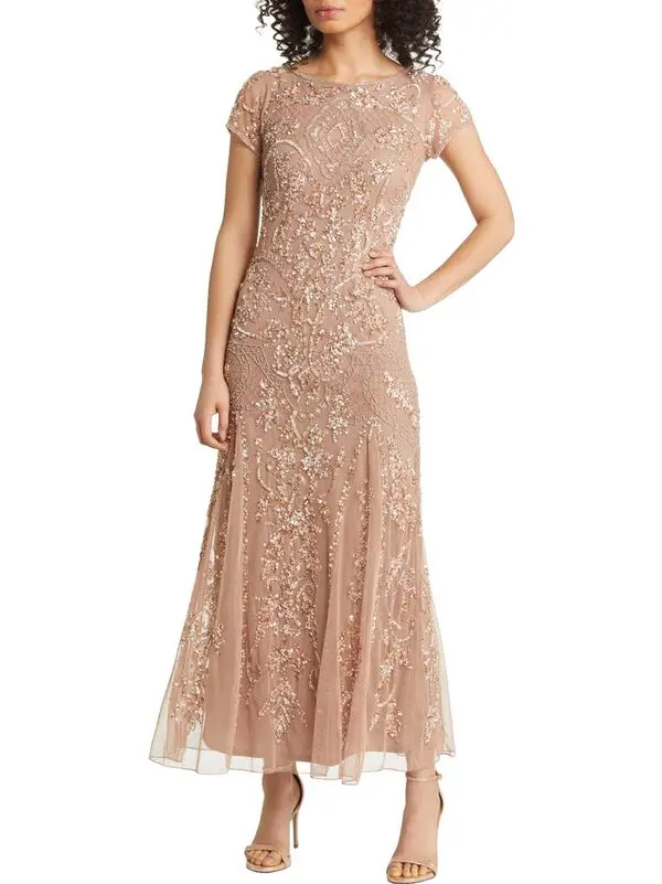Pisarro Nights Beaded Mesh Midi Cocktail Dress - Beige