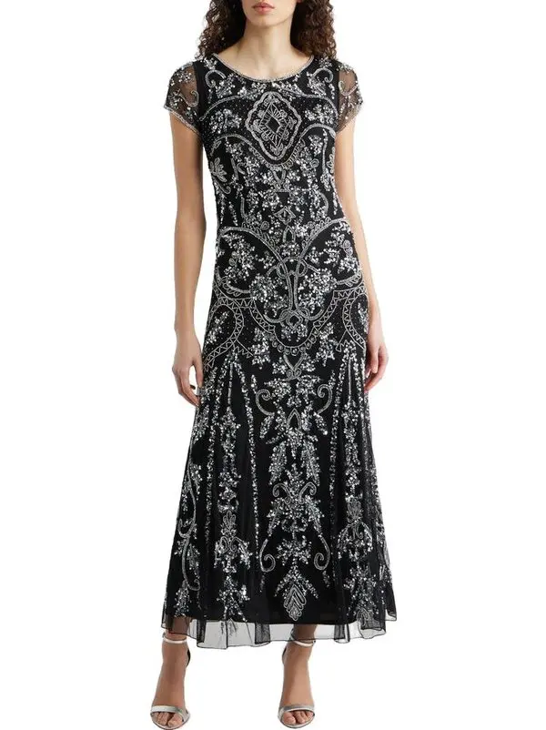 Pisarro Nights Beaded Mesh Column Gown - Black/silver 013