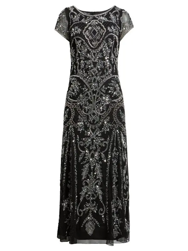 Pisarro Nights Beaded Mesh Midi Cocktail Dress - Black/silver