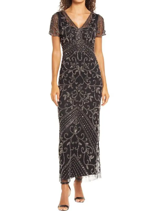 Pisarro Nights Beaded Mesh Midi Cocktail Dress - Blk/merc