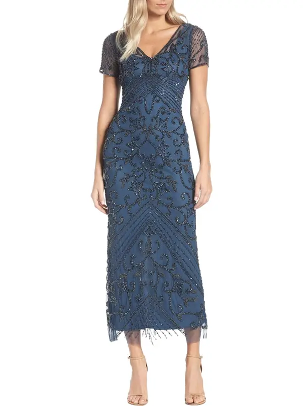 Pisarro Nights Beaded Mesh Midi Cocktail Dress - Coastal Blue