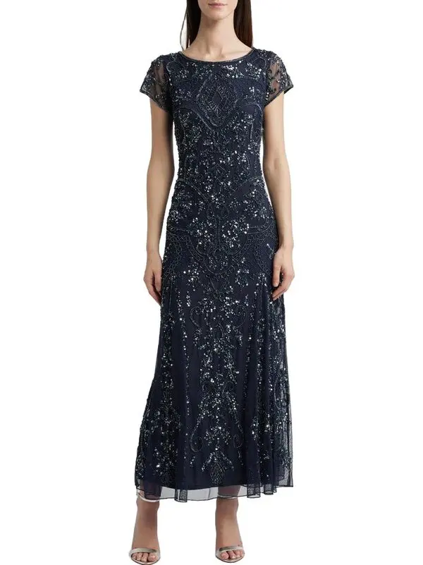 Pisarro Nights Beaded Mesh Midi Cocktail Dress - Deep Slate