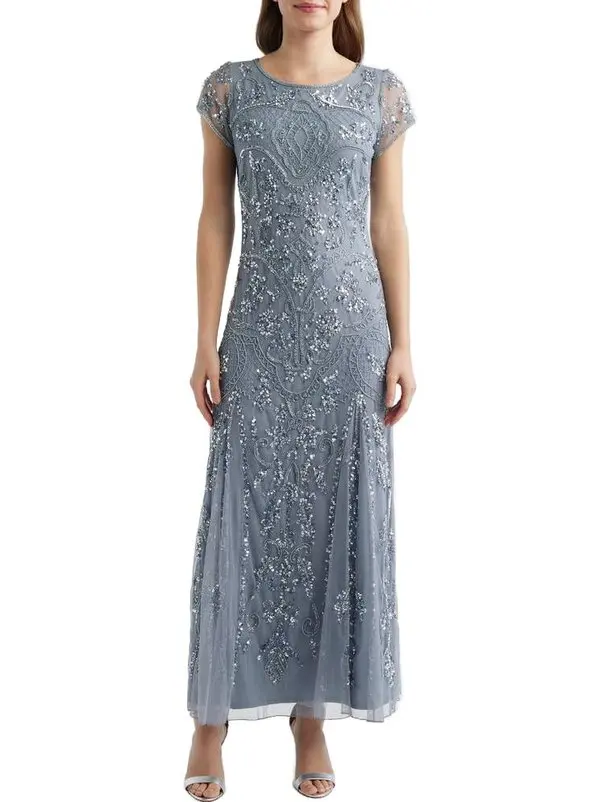 Pisarro Nights Beaded Mesh Column Gown - Ice Blue 459