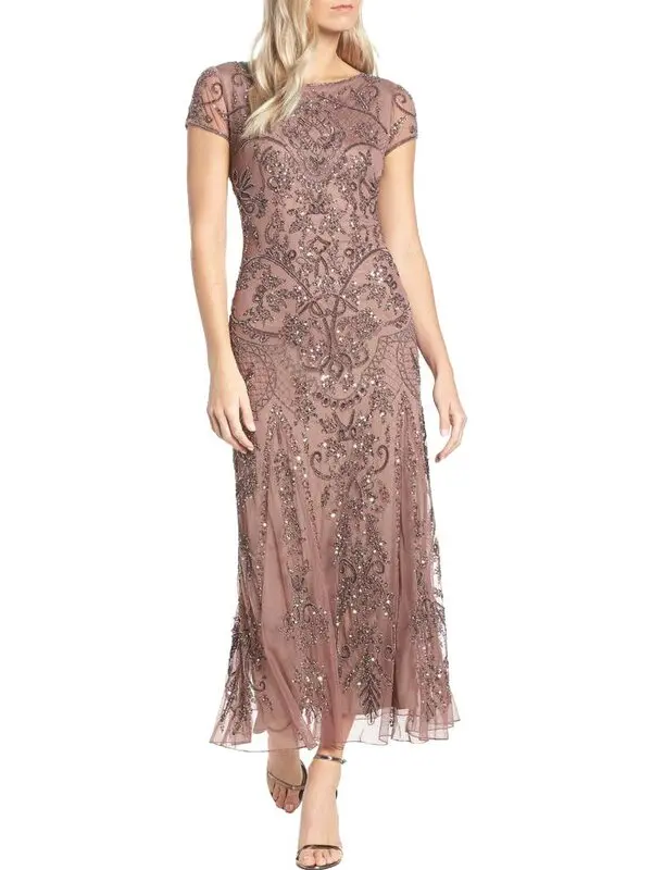 Pisarro Nights Beaded Mesh Midi Cocktail Dress - Mauve