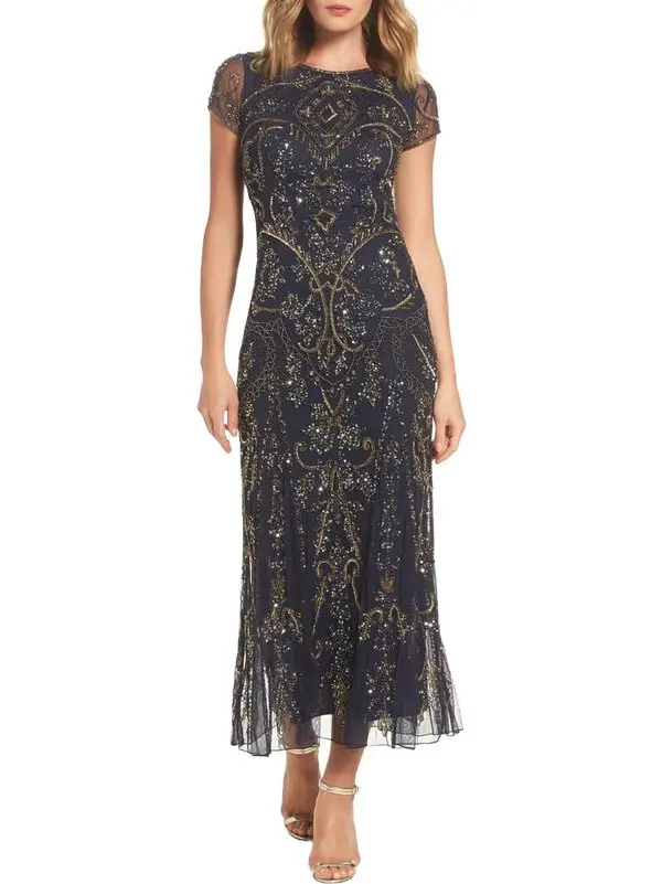 Pisarro Nights Beaded Mesh Column Gown - Navy/gold