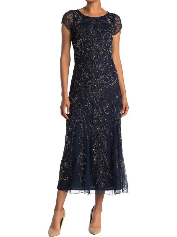 Pisarro Nights Beaded Tulle Midi Dress - Navy/gold