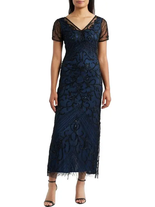 Pisarro Nights Beaded Mesh Midi Cocktail Dress - Neptune