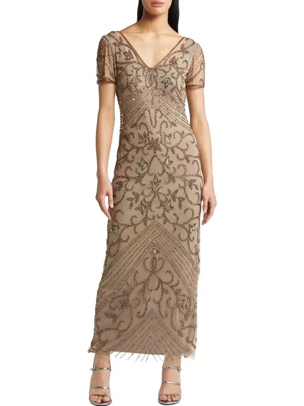 Pisarro Nights Beaded Mesh Midi Cocktail Dress - Oyster