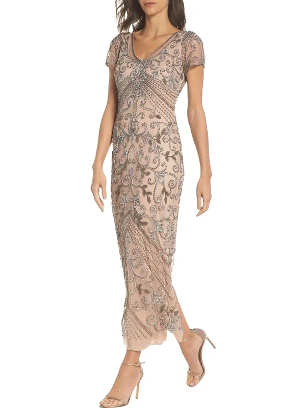 Pisarro Nights Beaded Mesh Midi Cocktail Dress - Rose