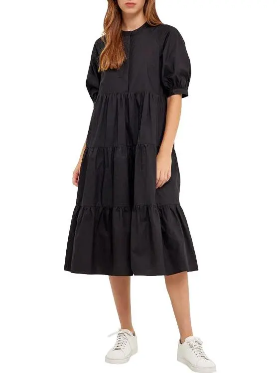 English Factory Puff Sleeve Tiered Midi Dress - Black