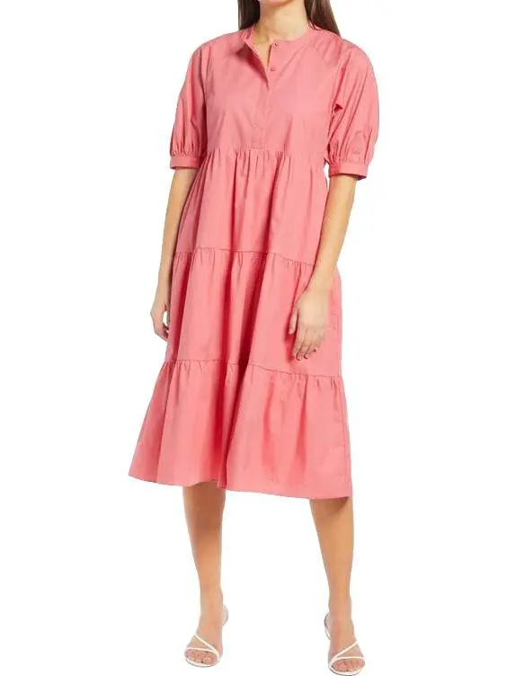 English Factory Puff Sleeve Tiered Midi Dress - Coral
