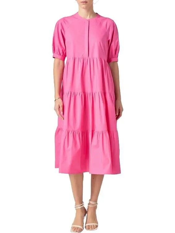 English Factory Puff Sleeve Tiered Midi Dress - Hot Pink