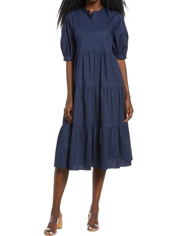 English Factory Puff Sleeve Tiered Midi Dress - Navy