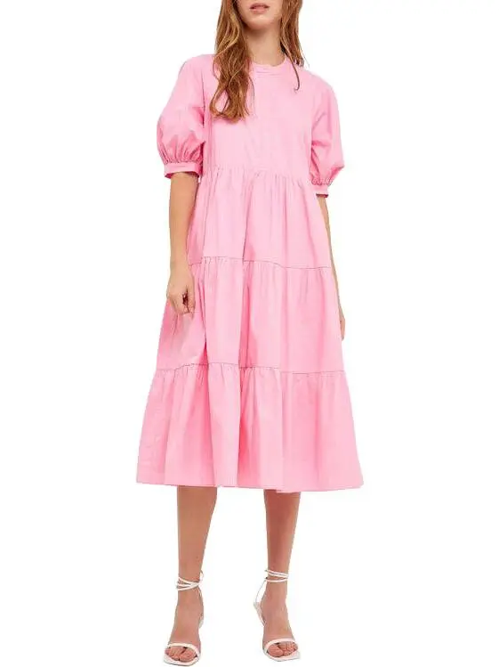 English Factory Puff Sleeve Tiered Midi Dress - Pink