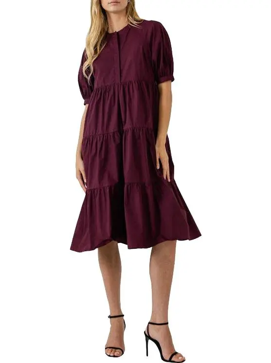 English Factory Puff Sleeve Tiered Midi Dress - Plum