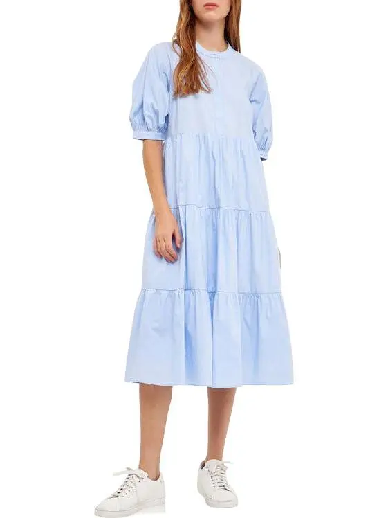English Factory Puff Sleeve Tiered Midi Dress - Powder Blue