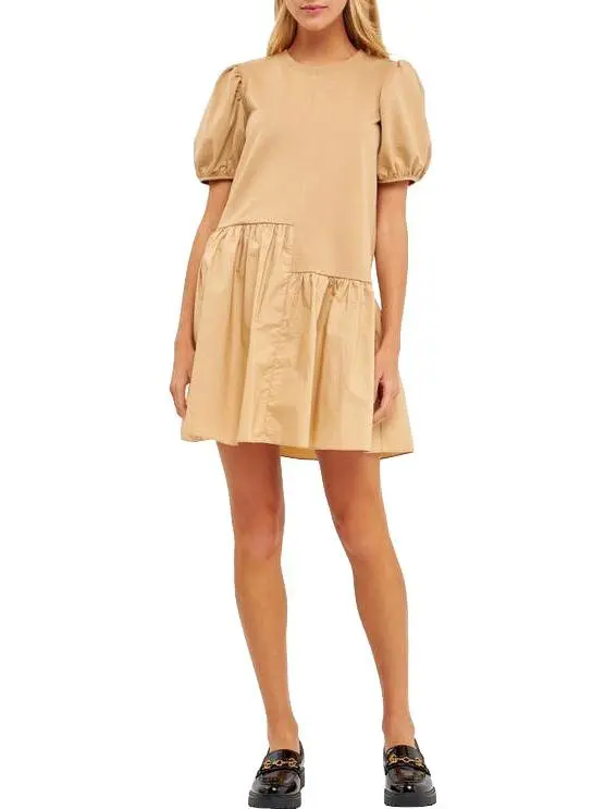 English Factory Puff Shoulder Mini Dress - Beige