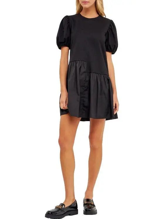 English Factory Puff Shoulder Mini Dress - Black