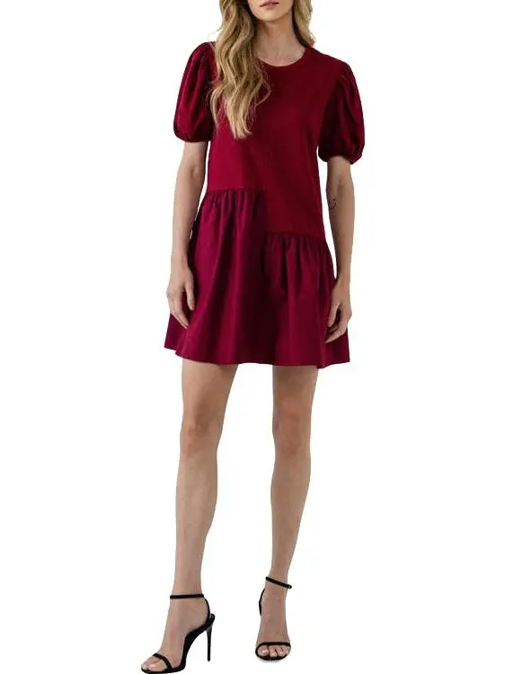 English Factory Puff Shoulder Mini Dress - Burgundy