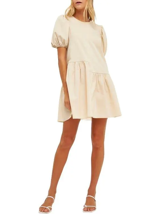 English Factory Puff Shoulder Mini Dress - Taupe
