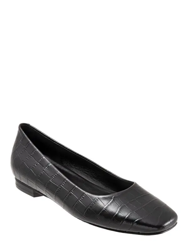 Trotters Honor Leather Flat - Black Croc Print Leather