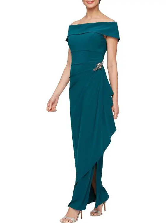 Alex Evenings Embellished Off-the-shoulder Gown - Deep Teal
