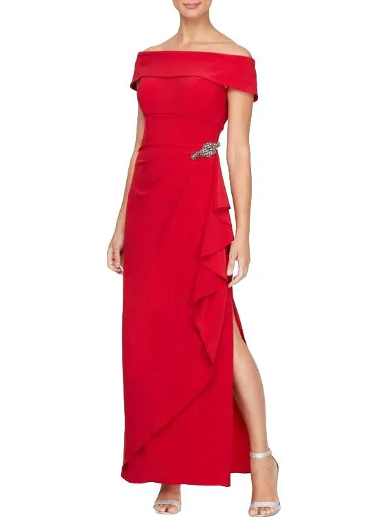 Alex Evenings Embellished Off-the-shoulder Gown - Red