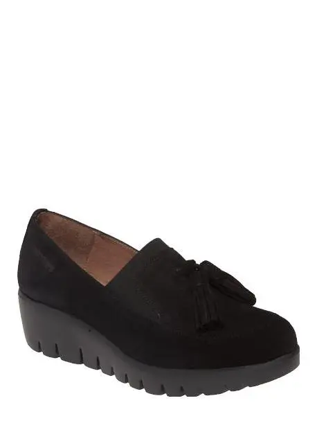 WONDERS Talla Loafer Wedge - Black Water-resistant Suede