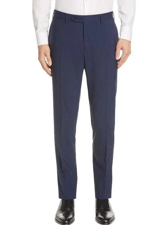 Canali Flat Front Classic Fit Stretch Wool Trousers - Navy
