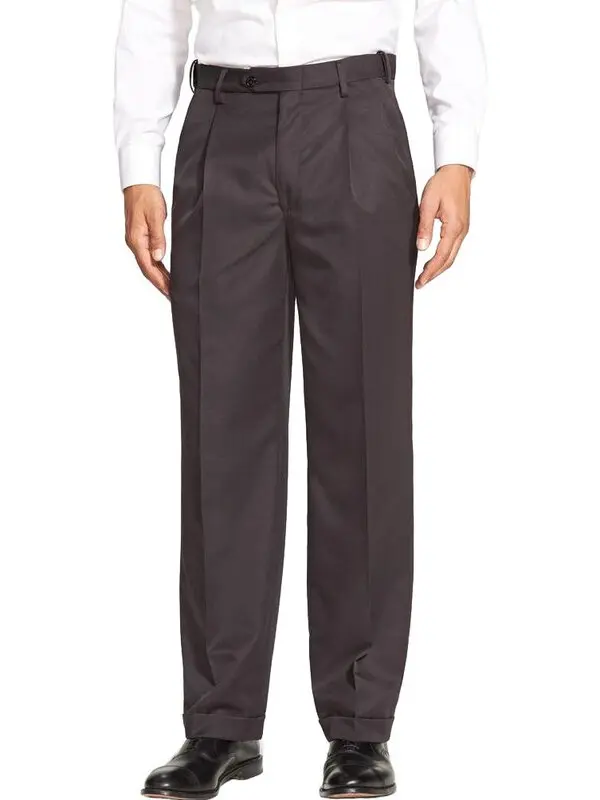 Berle Self Sizer Waist Pleated Classic Fit Microfiber Trousers - Black