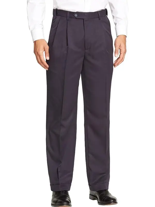 Berle Self Sizer Waist Pleated Classic Fit Microfiber Trousers - Navy