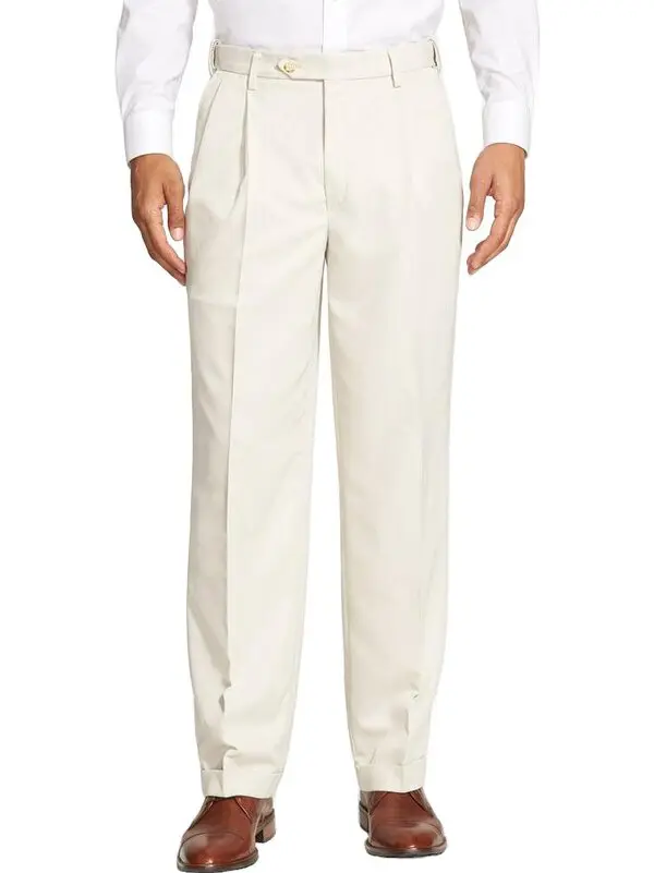 Berle Self Sizer Waist Pleated Classic Fit Microfiber Trousers - Stone