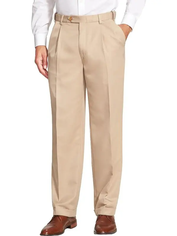 Berle Self Sizer Waist Pleated Classic Fit Microfiber Trousers - Tan