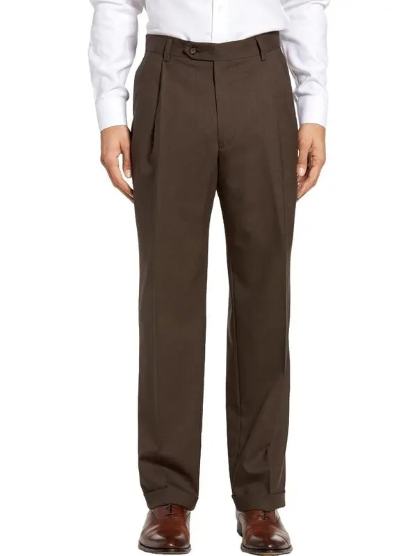 Berle Lightweight Pleated Classic Fit Trousers - Brown