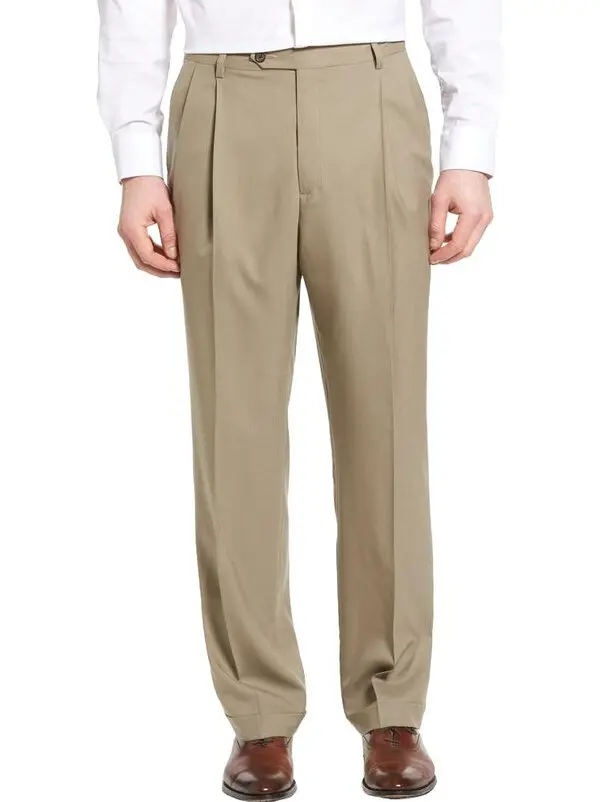 Berle Lightweight Pleated Classic Fit Trousers - Tan