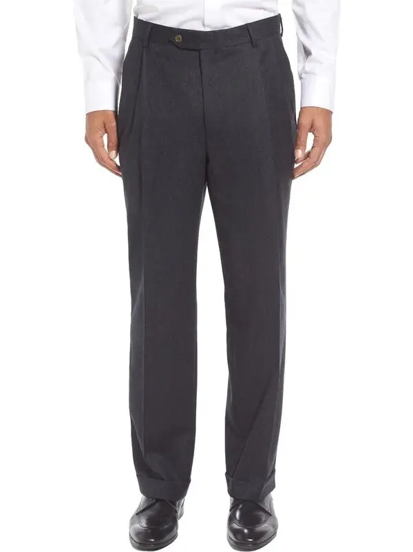Berle Lightweight Flannel Pleated Trousers - Charcoal