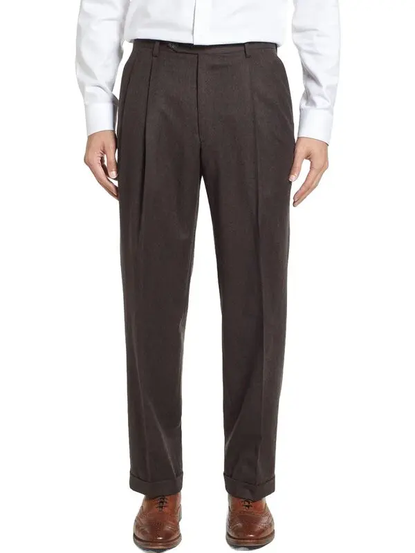 Berle Lightweight Flannel Pleated Trousers - Heather Brown